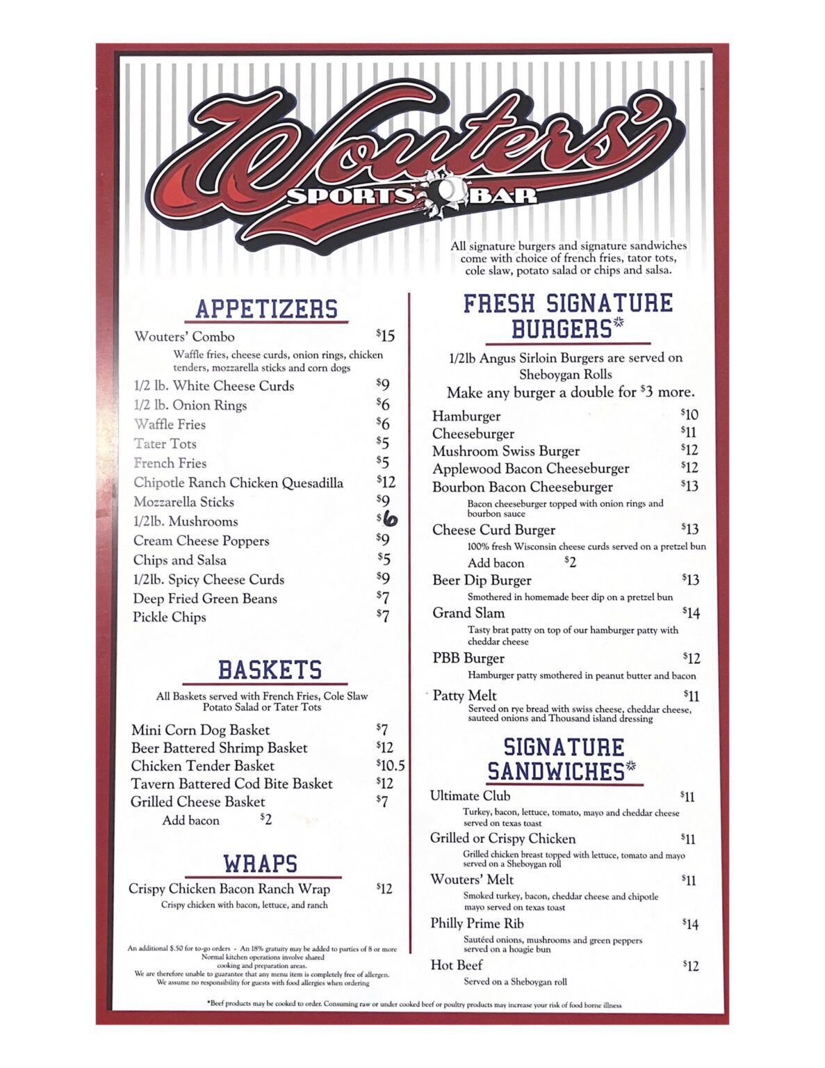Menu - Wouters Sports Bar